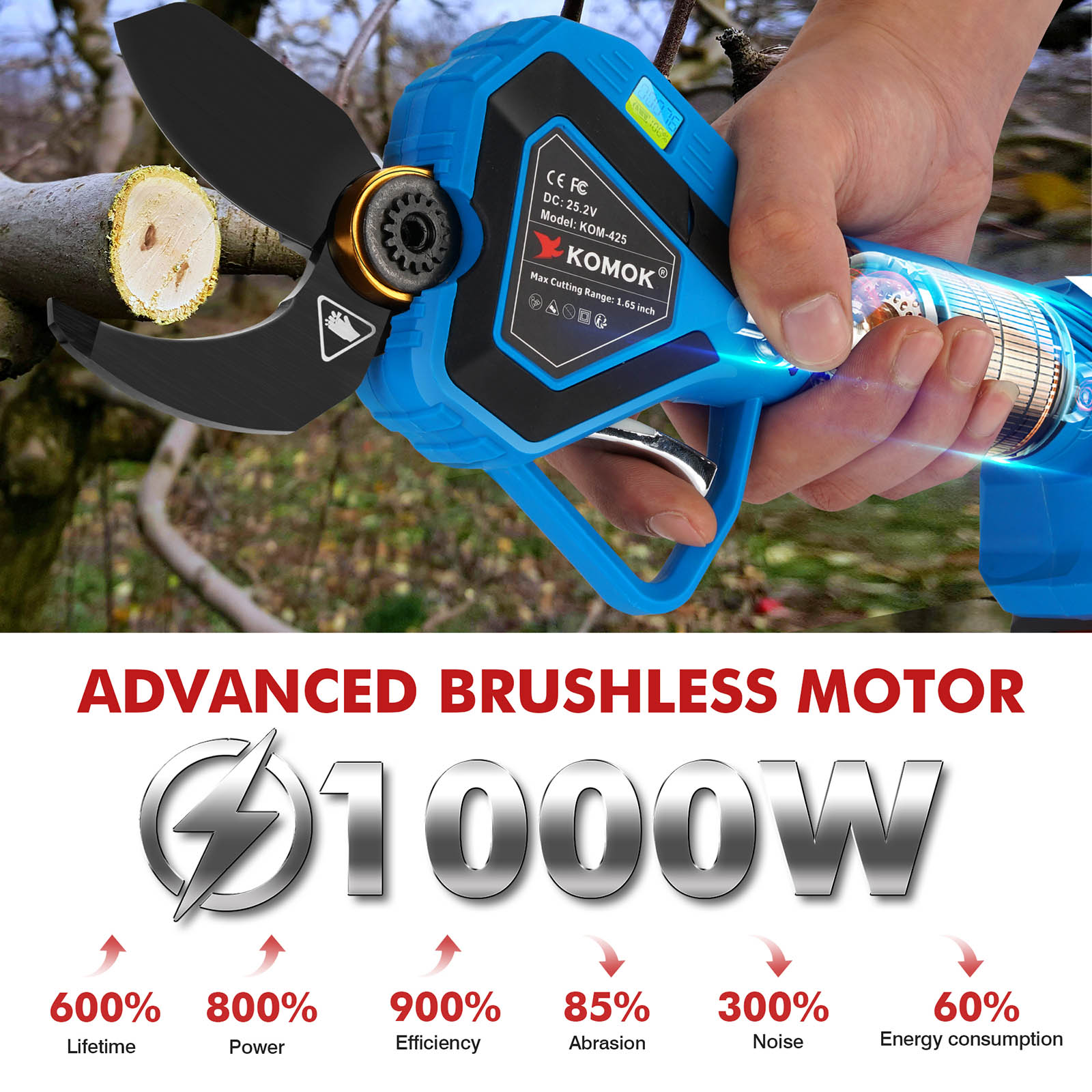 KOMOK cordless electric pruning shears, 42mm/1.65-inch cutting diameter
